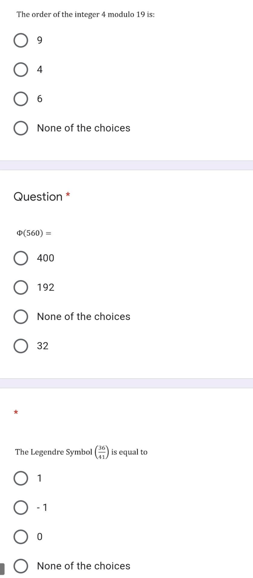 Solved The order of the integer 4 modulo 19 is: 9 O 4 6 None | Chegg.com