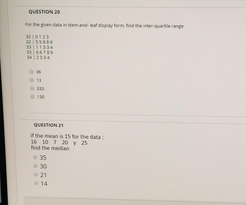 Solved QUESTION 20 For the given data in stem-and-leaf | Chegg.com