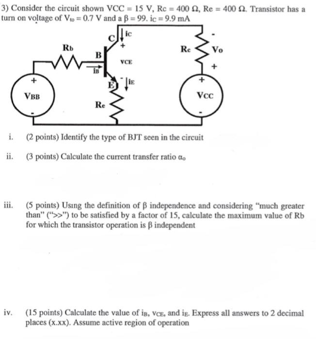 Solved 3) Consider the circuit shown VCC=15 | Chegg.com