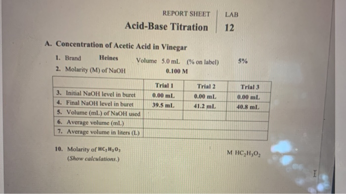 Solved LAB REPORT SHEET Acid-Base Titration 12 A. | Chegg.com