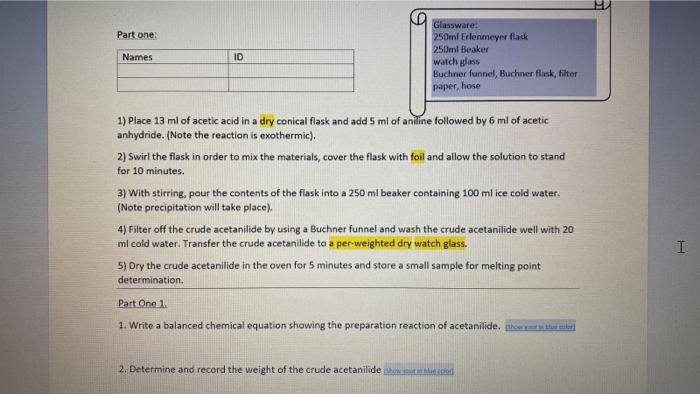 Solved Part one: Glassware: 250mi beaker watch glans | Chegg.com