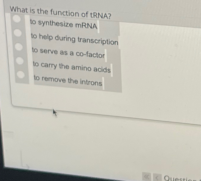 Solved What is the function of tRNA?to synthesize mRNAto | Chegg.com