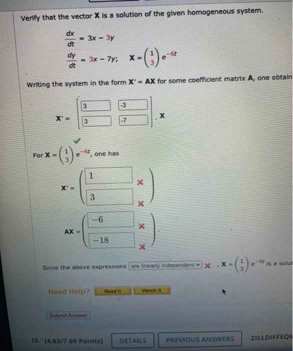Solved Verify that the vector X is a solution of the given | Chegg.com