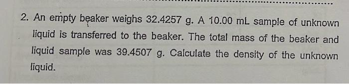 Solved 2. An empty beaker weighs 32.4257 g. A 10.00 mL | Chegg.com