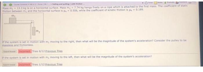 Solved Mass m1=13.3 kg is on a horizontal surface. Mast | Chegg.com