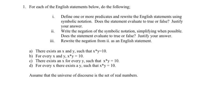 Solved 1. For each of the English statements below, do the | Chegg.com