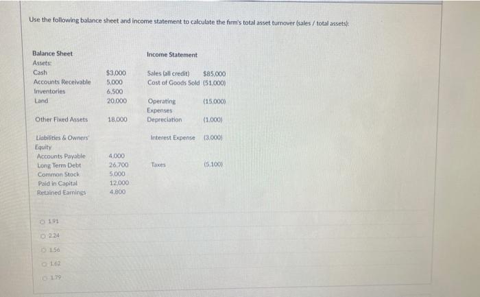 Solved Use the following balance sheet and income statement | Chegg.com