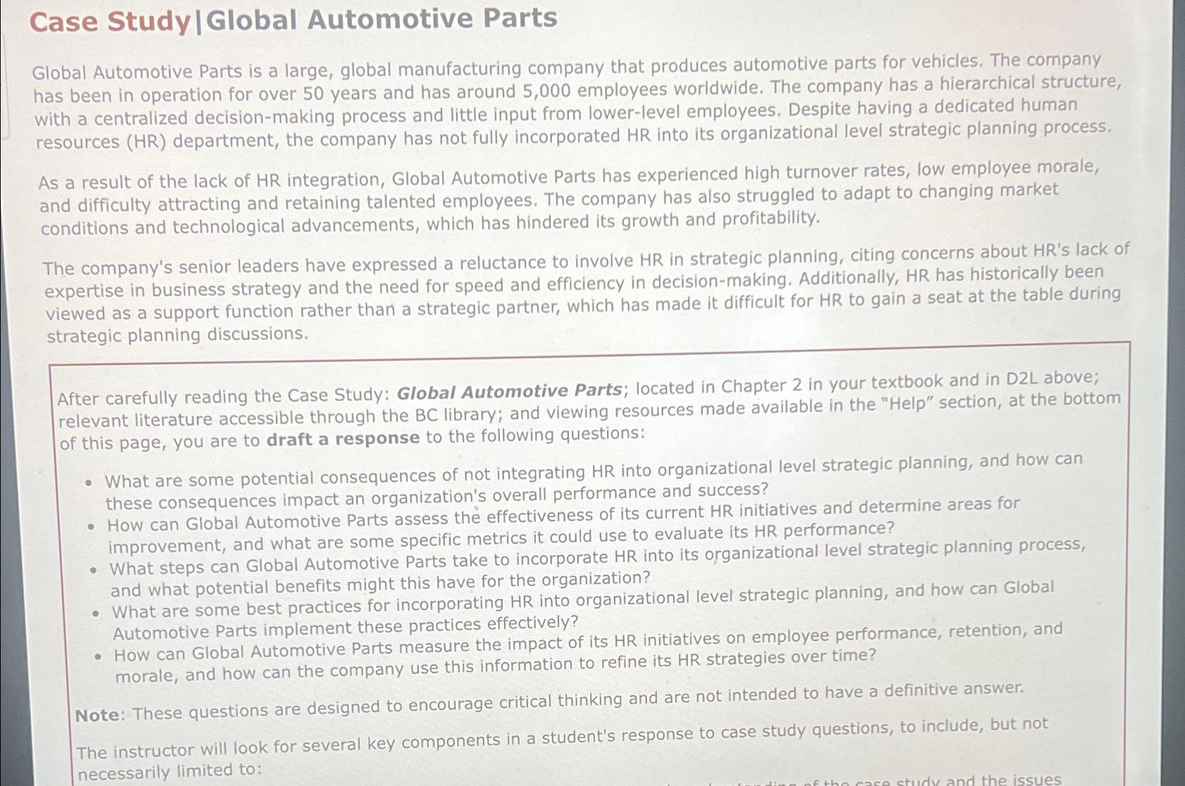 Solved Case Study|Global Automotive PartsGlobal Automotive | Chegg.com