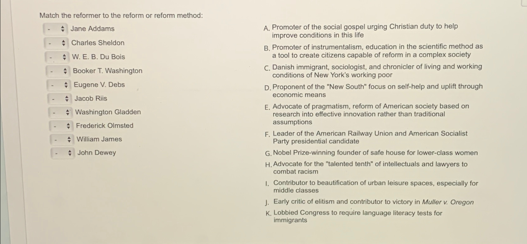 Match the reformer to the reform or reform method: | Chegg.com