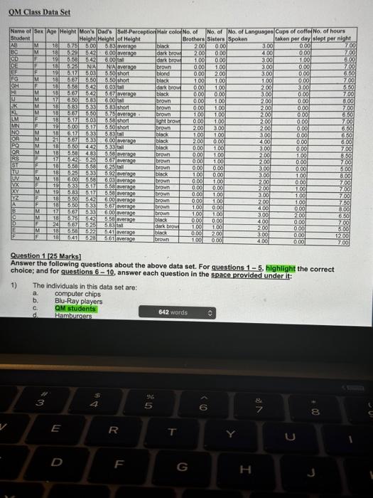 Solved QM Class Data Set Question 1 [25 Marks] Answer the | Chegg.com