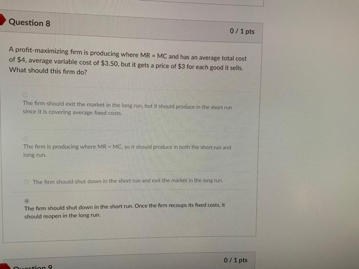 Solved Question 8 0/1 pts A profit-maximizing firm is | Chegg.com