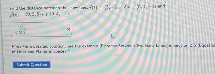 Solved Find the distance between the skew lines r(t) = | Chegg.com