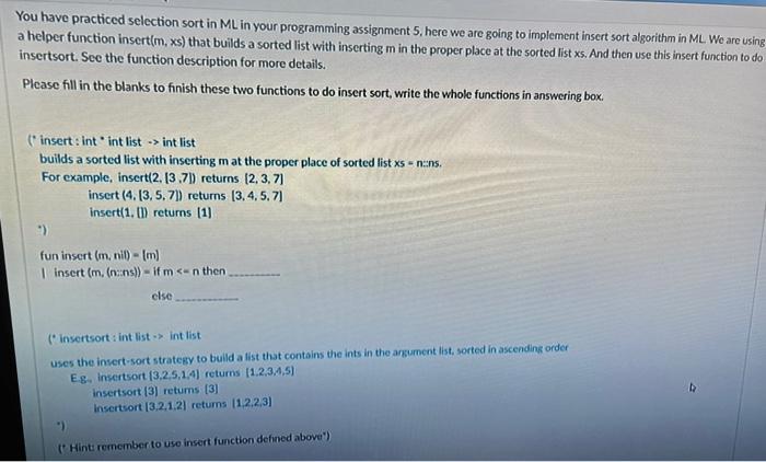 Solved You have practiced selection sort in ML in your | Chegg.com
