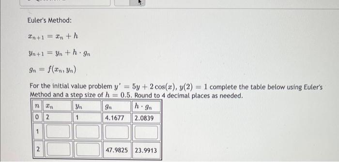 Solved Euler's Method: xn+1=xn+hyn+1=yn+h⋅gngn=f(xn,yn) For | Chegg.com