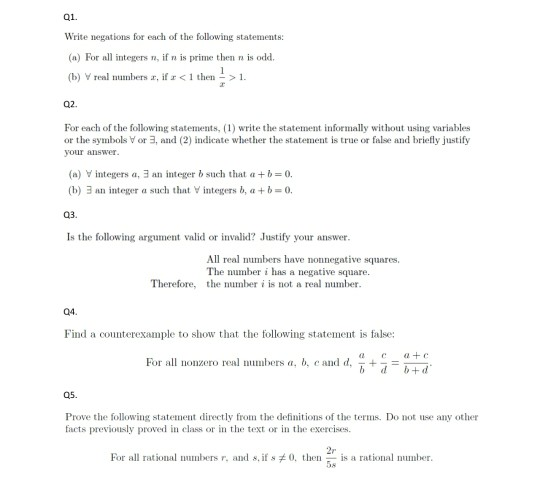 Solved Q1. Write negations for each of the following | Chegg.com