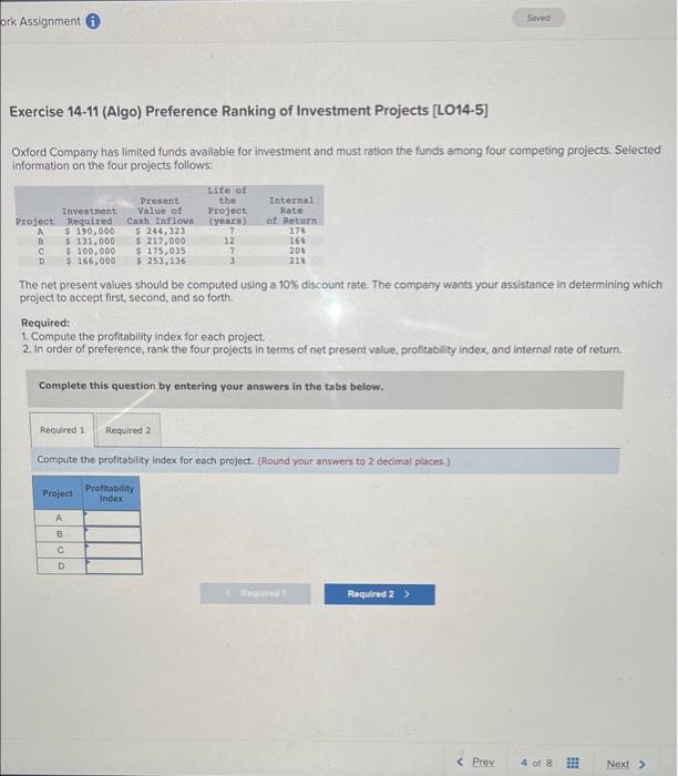 Solved ork Assignment Saved Exercise 14-11 (Algo) Preference | Chegg.com
