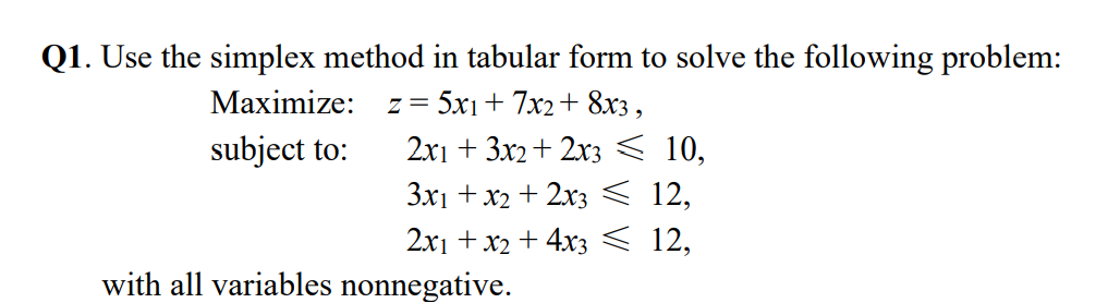 Solved Q1. ﻿Use the simplex method in tabular form to solve | Chegg.com