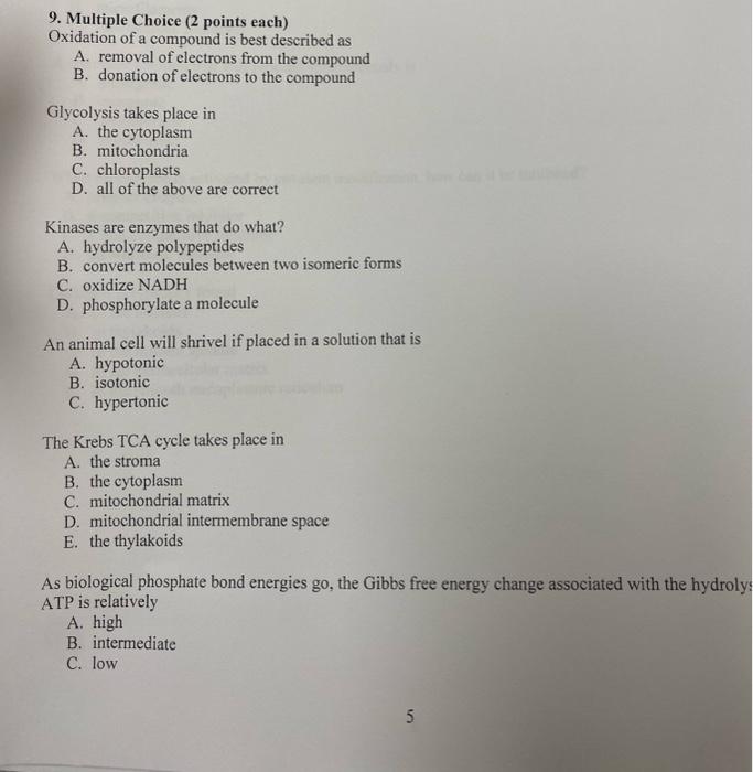 Solved 9. Multiple Choice (2 points each) Oxidation of a | Chegg.com