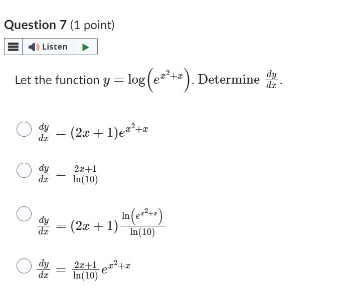 Solved Question 7 (1 ﻿point)Let the function y=log(ex2+x). | Chegg.com