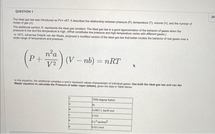 Solved The ideal gas law was introduced as PV=nRT. It | Chegg.com
