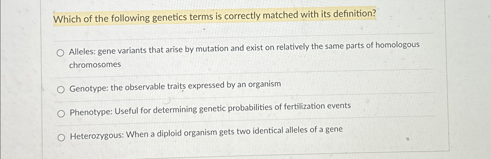 Solved Which of the following genetics terms is correctly | Chegg.com