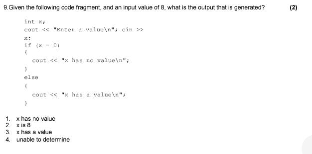 Solved Given the following code fragment, and an input value | Chegg.com