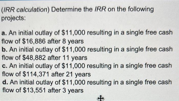 Solved (IRR calculation) Determine the IRR on the following | Chegg.com