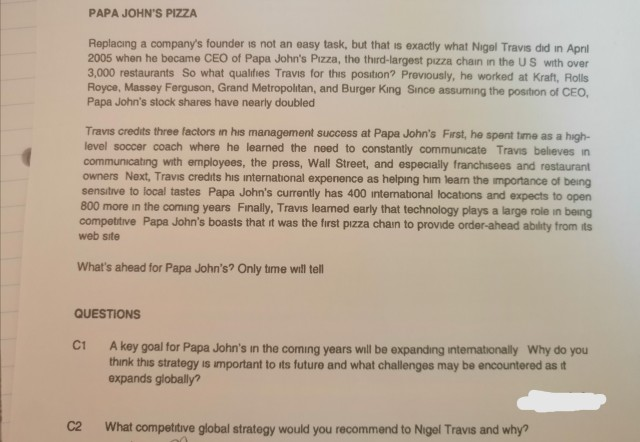 Solved PAPA JOHN'S PIZZA Replacing a company's founder is | Chegg.com