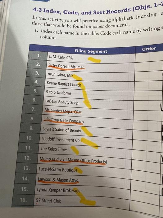 Index each name in the table by order number. Code | Chegg.com