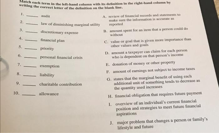 Solved 1. 2. 5. Match each term in the left-hand column with | Chegg.com