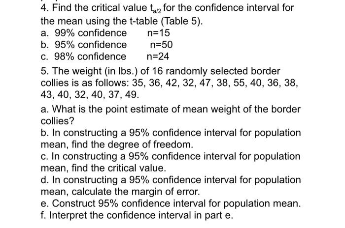 Solved 4. Find the critical value tarz for the confidence | Chegg.com