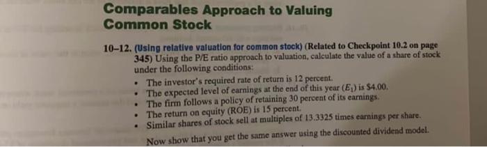 Solved Comparables Approach to Valuing Common Stock 10-12. | Chegg.com