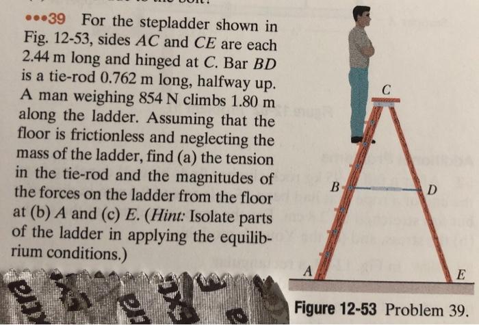 Solved с •••39 For the stepladder shown in Fig. 12-53, sides | Chegg.com
