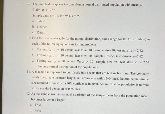 Solved 9. The sample data appear to come from a normal | Chegg.com