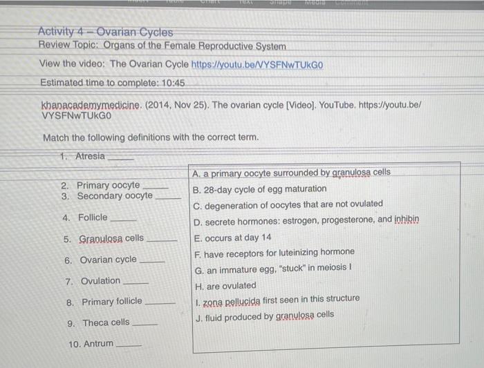 Solved Activity 4Ovarian Cycles Review Topic: Organs of the | Chegg.com