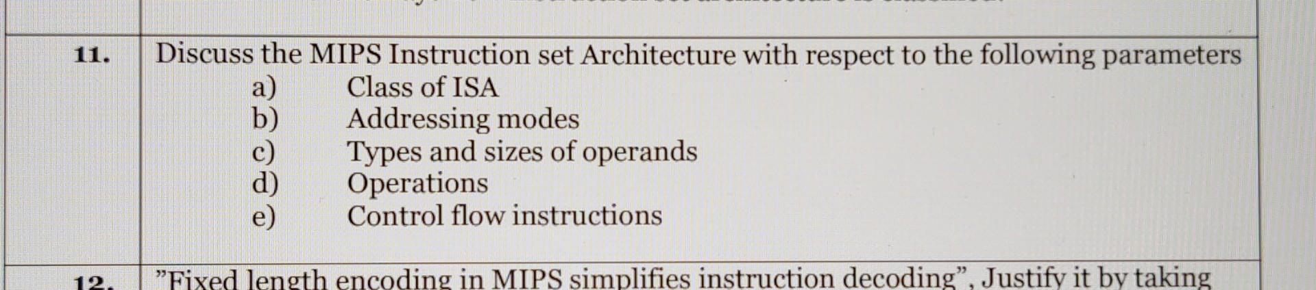Solved 11. Discuss the MIPS Instruction set Architecture | Chegg.com