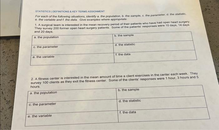 Solved STATISTICS I DEFINITIONS \& KEY TERMS ASSIONMENT For | Chegg.com