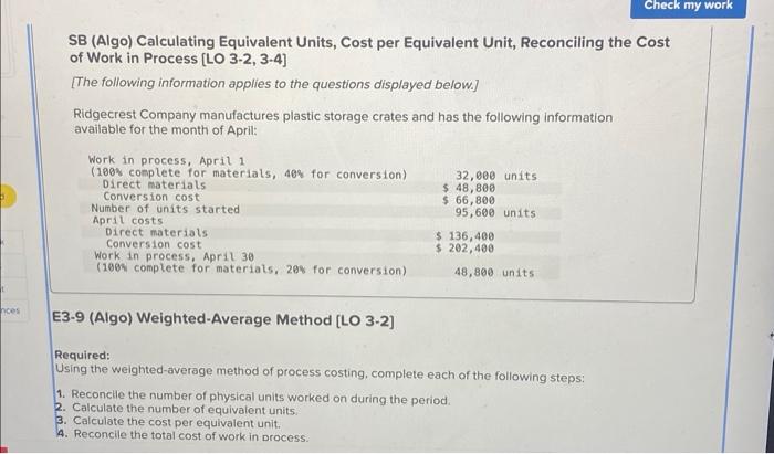 Solved SB (Algo) Calculating Equivalent Units, Cost per | Chegg.com
