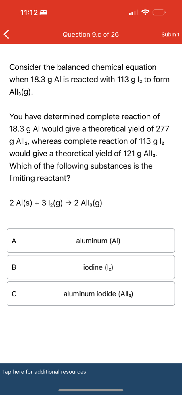 Solved 11:12Question 9.c of 26SubmitConsider the balanced | Chegg.com