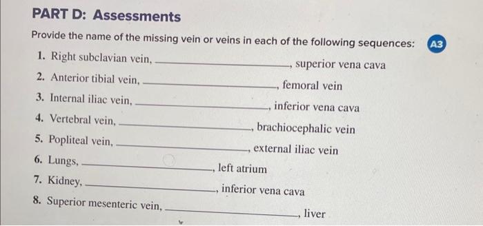 Solved Provide the name of the missing vein or veins in each | Chegg.com