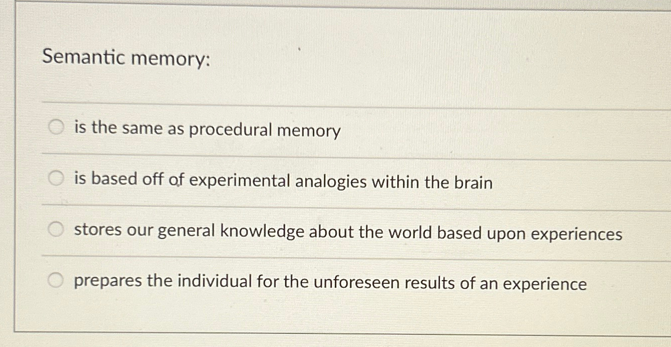 Solved Semantic memory:is the same as procedural memoryis | Chegg.com