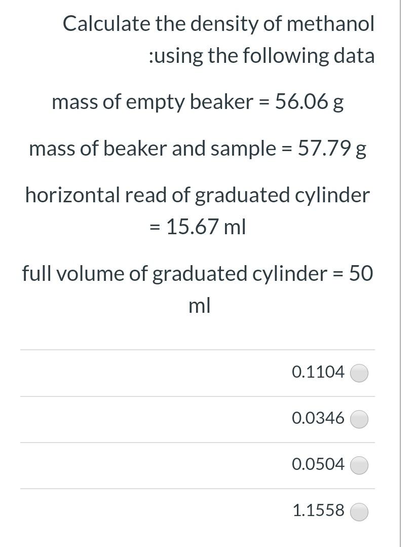 Solved Calculate the density of methanol :using the | Chegg.com
