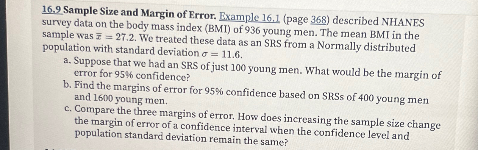Solved 16.9 ﻿Sample Size and Margin of Error. Example | Chegg.com