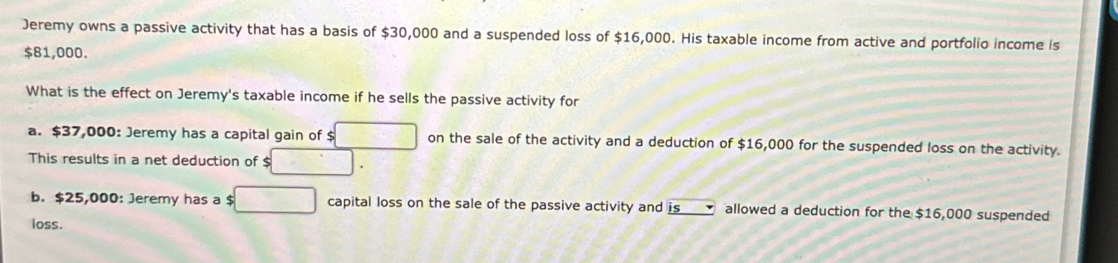 Solved Jeremy owns a passive activity that has a basis of | Chegg.com