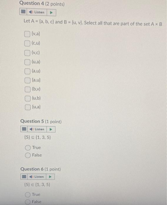 Solved Let A={a,b,c} and B={u,v}. Select all that are part | Chegg.com