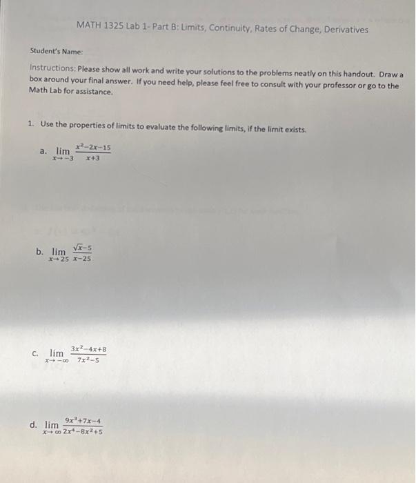 Solved Student's Name: Instructions: Please show all work | Chegg.com