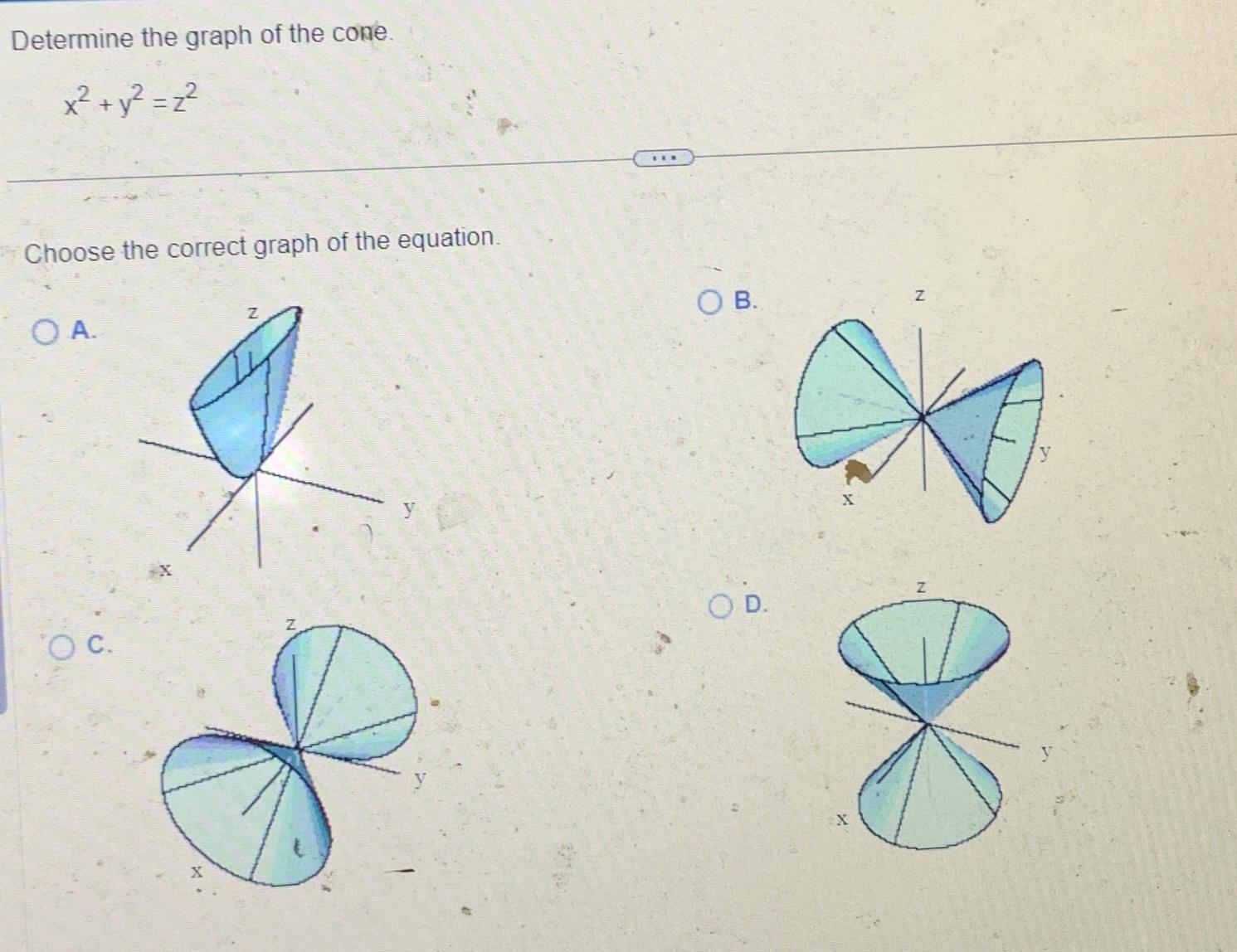 Solved Determine the graph of the cone.x2+y2=z2hoose the | Chegg.com