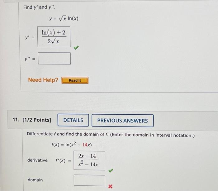 Solved Find y′ and y′′. y=xln(x)y′=2xln(x)+2y′′= [1/2 | Chegg.com