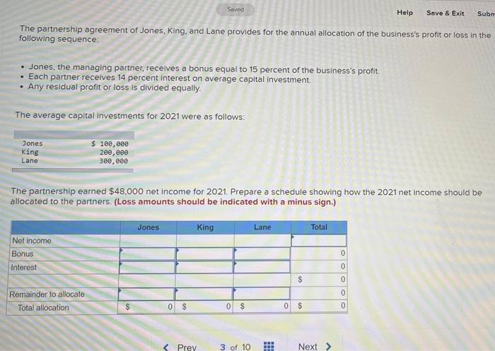 Solved Saved Help Save & Exit Sub The partnership agreement | Chegg.com