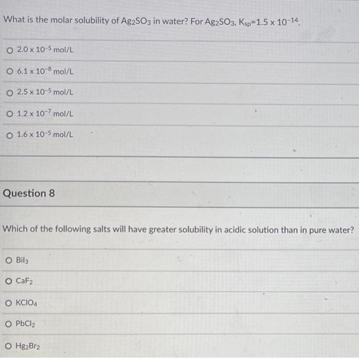 Solved What is the molar solubility of Ag2SO3 in water? For | Chegg.com